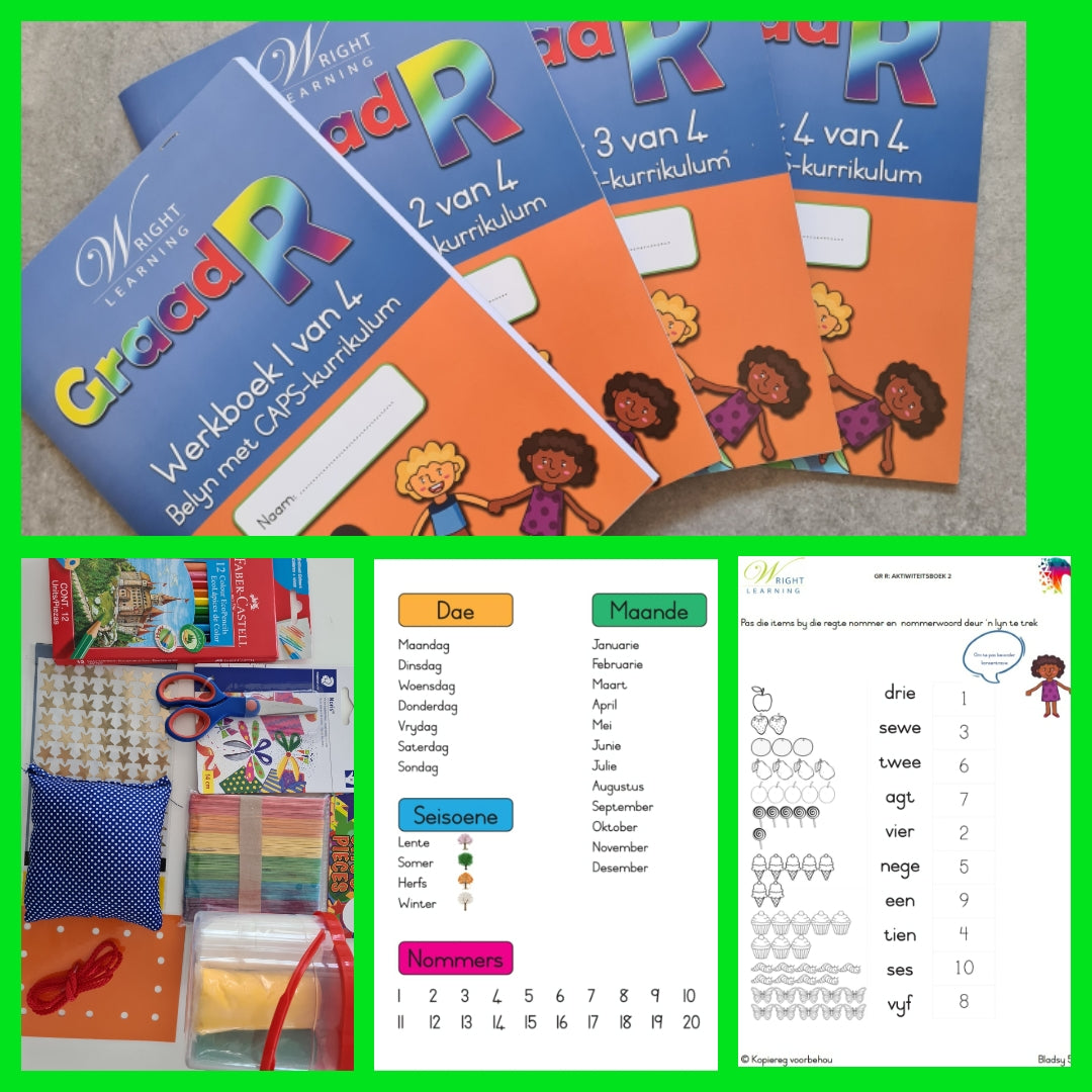 Graad R Aktiwiteitsboeke 1 tot 4 en Hulpmiddels pakket – Wright Learning